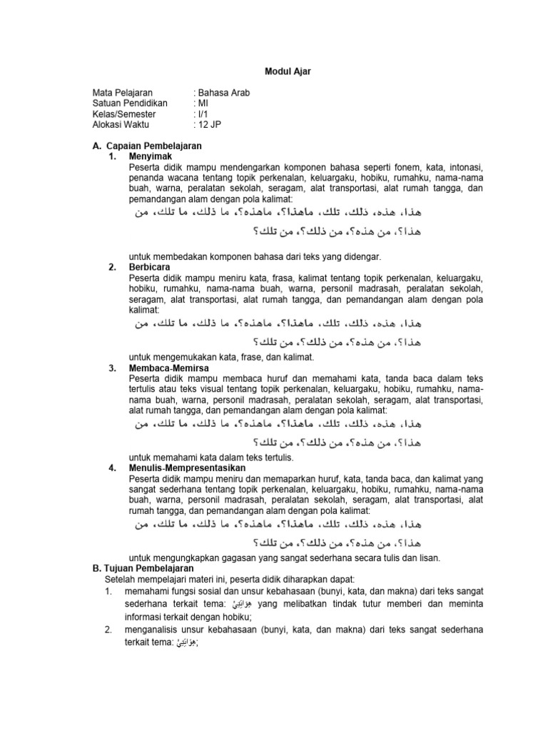 Modul Ajar Bahasa Arab Bab 3 | PDF | Karier & Perkembangan | Seni & Disiplin Bahasa