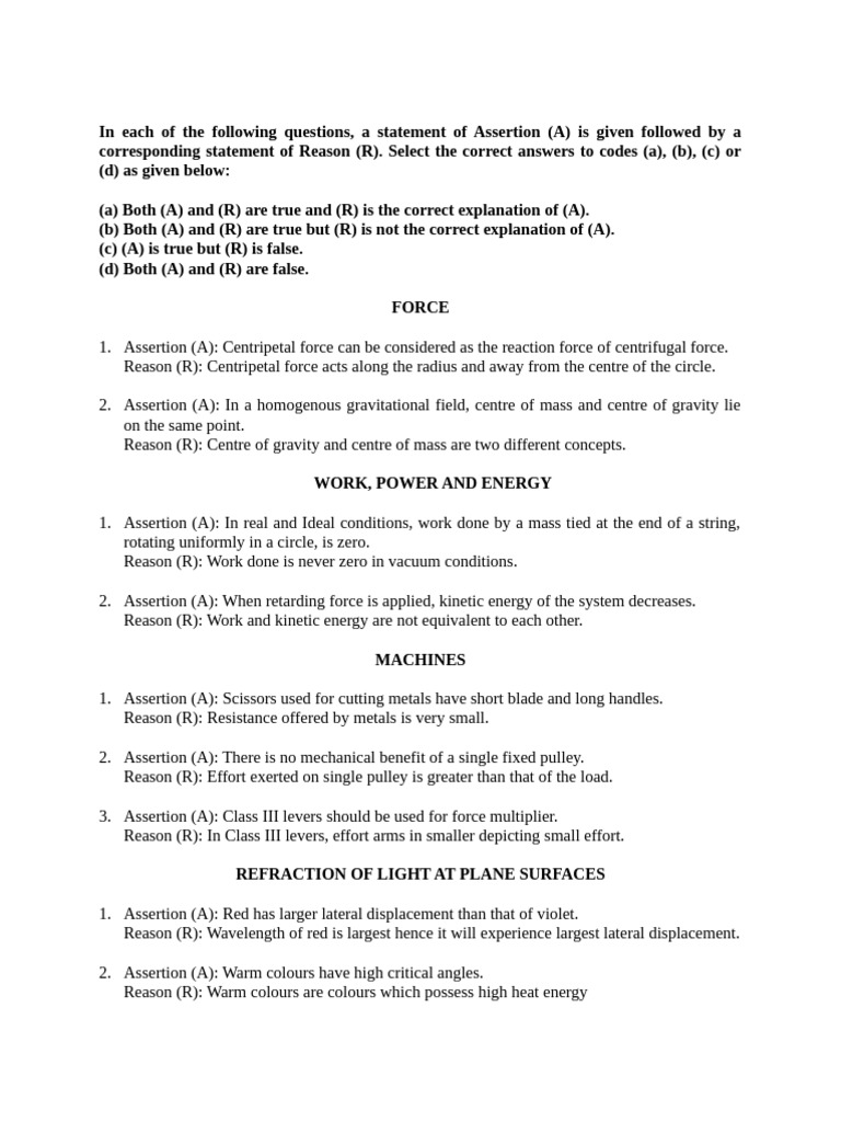 Assertion and Reason Questions in Physics | PDF | Mirror | Optics
