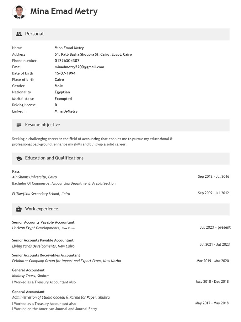 Mina Emad Metry Accounting Resume | PDF | Cairo