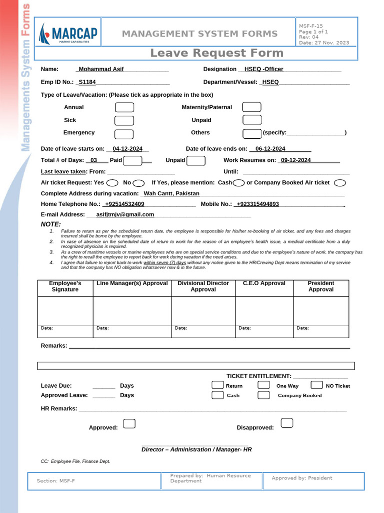 MSF-F-15 Leave Form - Rev.04 (Nov23) | PDF | Business
