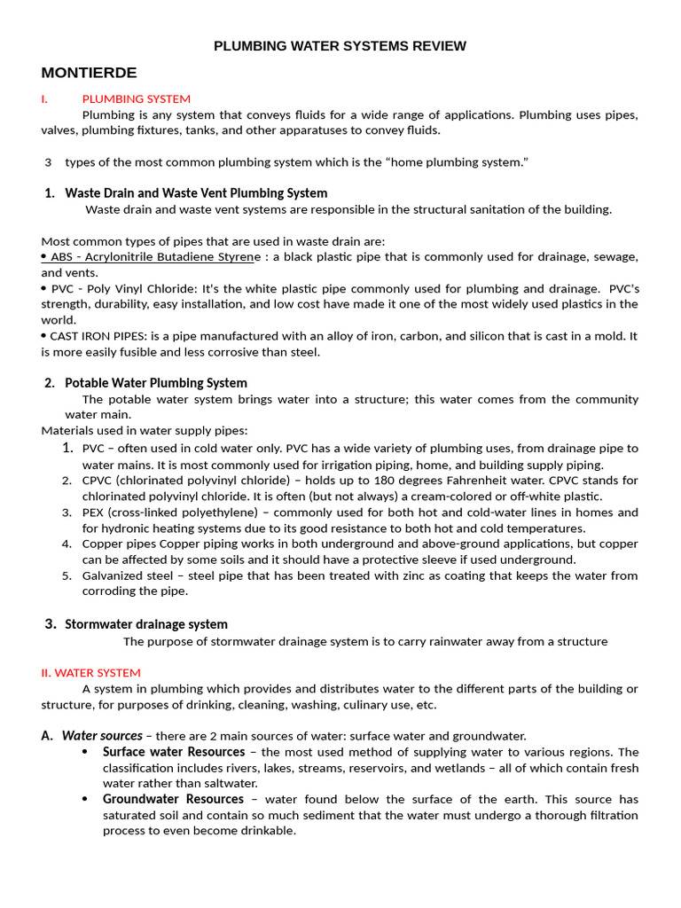 Plumbing Water Systems Review Notes | PDF | Plumbing | Pipe (Fluid ...
