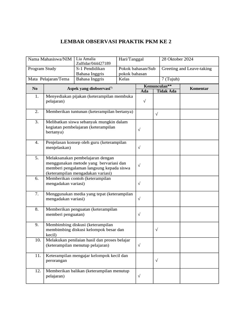 Lembar Observasi | PDF