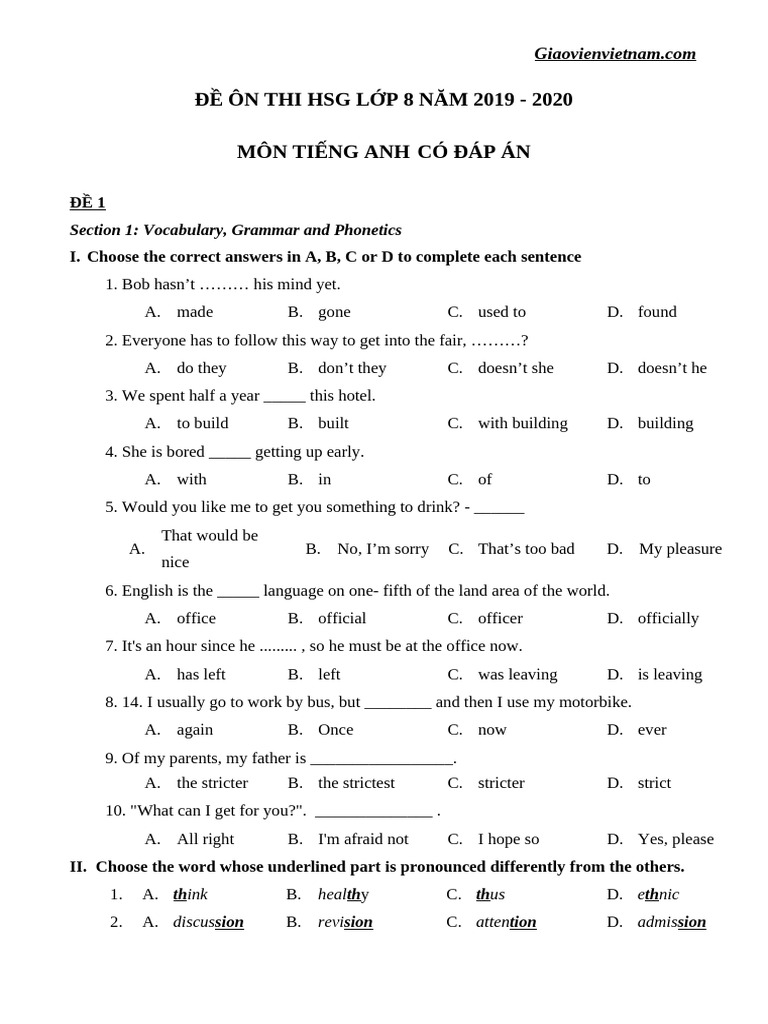 Bo de Thi Hoc Sinh Gioi Tieng Anh Lop 8 | PDF | Earthquakes | English Language