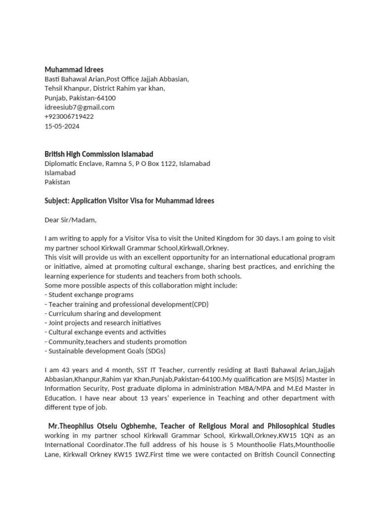 cover letter idrees | PDF | Travel Visa