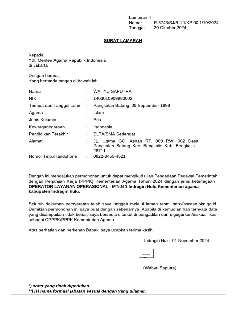 Surat Lamaran Wahyu Saputra | PDF