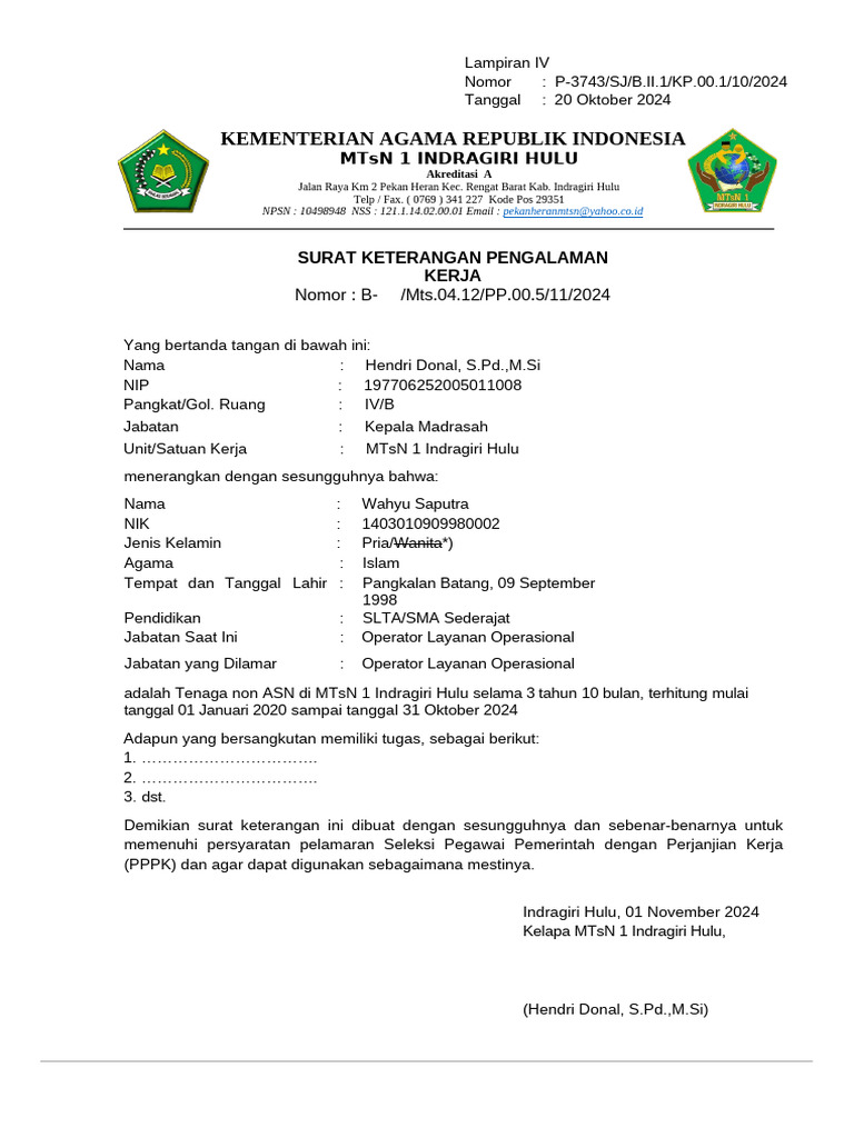 Surat Keterangan Lamaran Kerja Wahyu Saputra | PDF