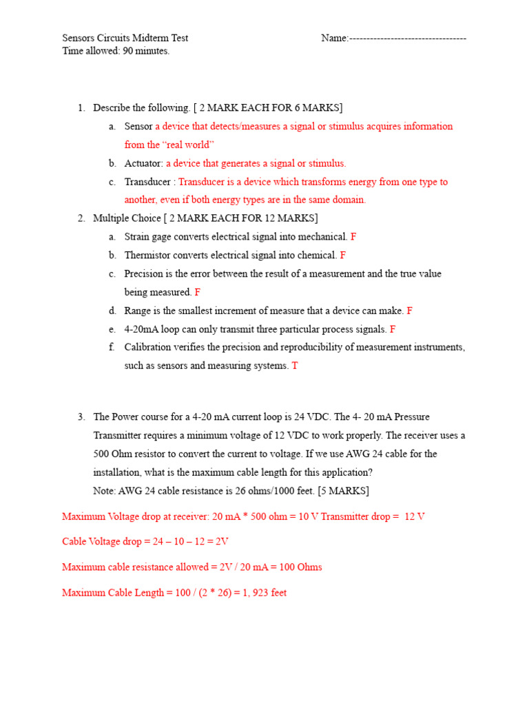 Sensors Circuits Midterm Test Key | PDF | Operational Amplifier ...