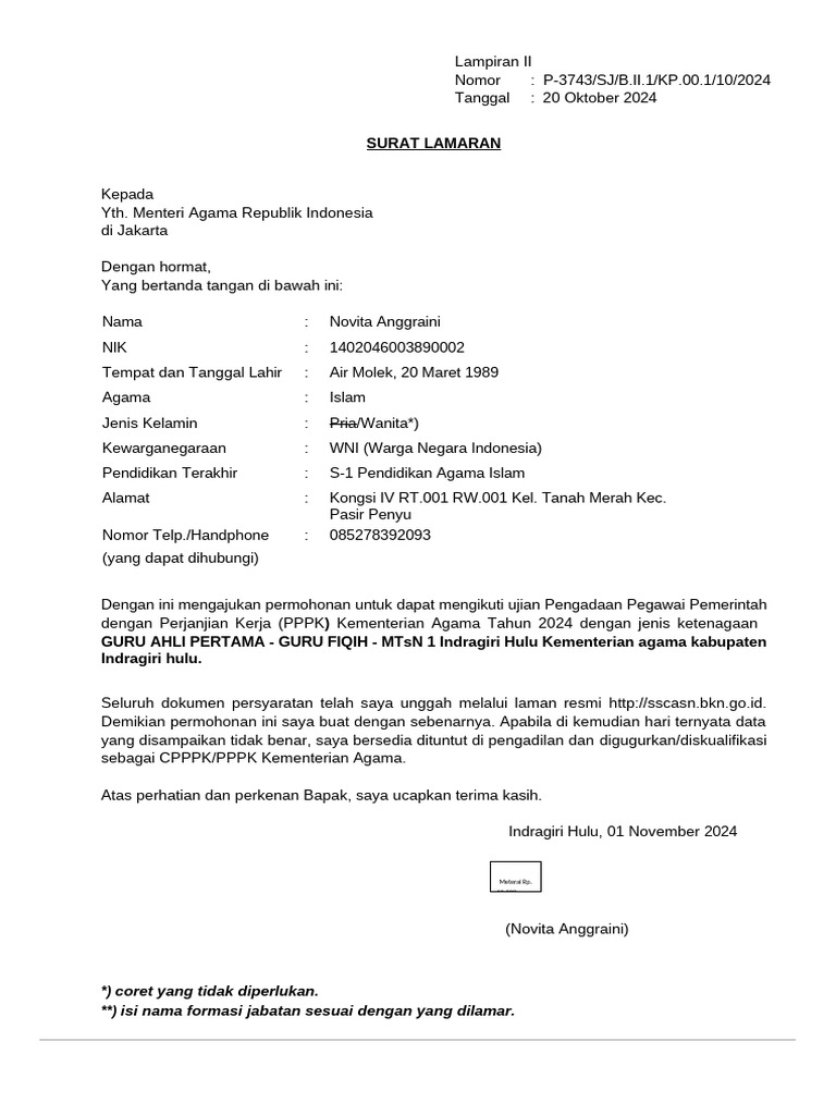Surat Lamaran Novita Anggraini | PDF