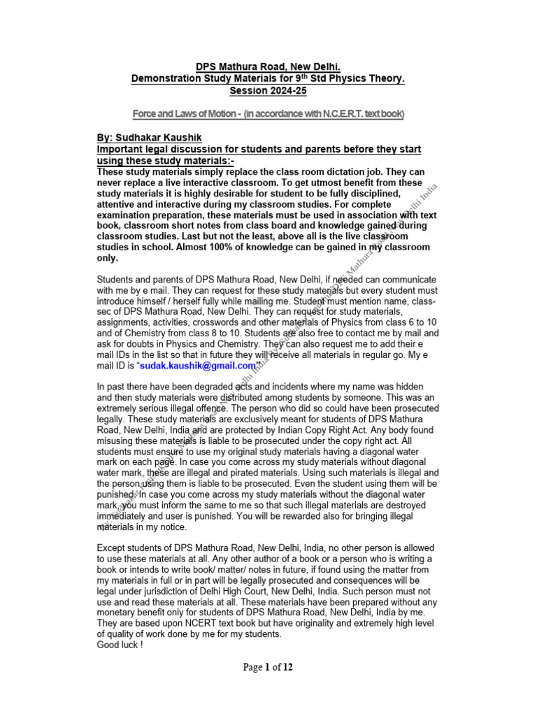 F and Laws of Motion STUDY MATERIALS CLASS 9 | PDF | Force | Momentum