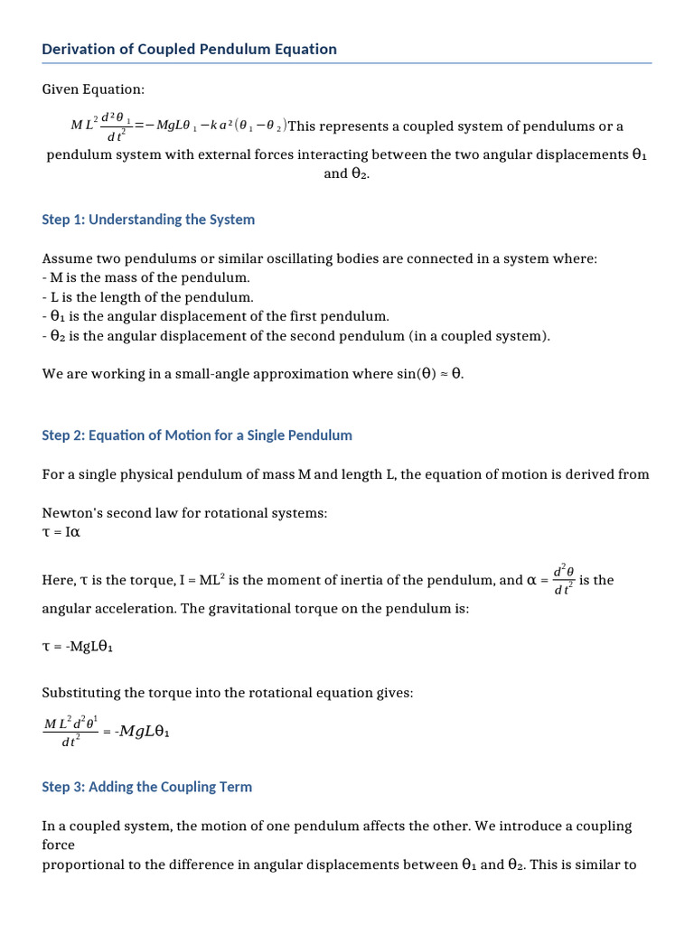 Coupled Pendulum Derivation | PDF | Pendulum | Torque