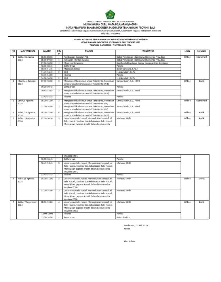Jadwal Kegiatan PKB MGMP Bindo Asli | PDF