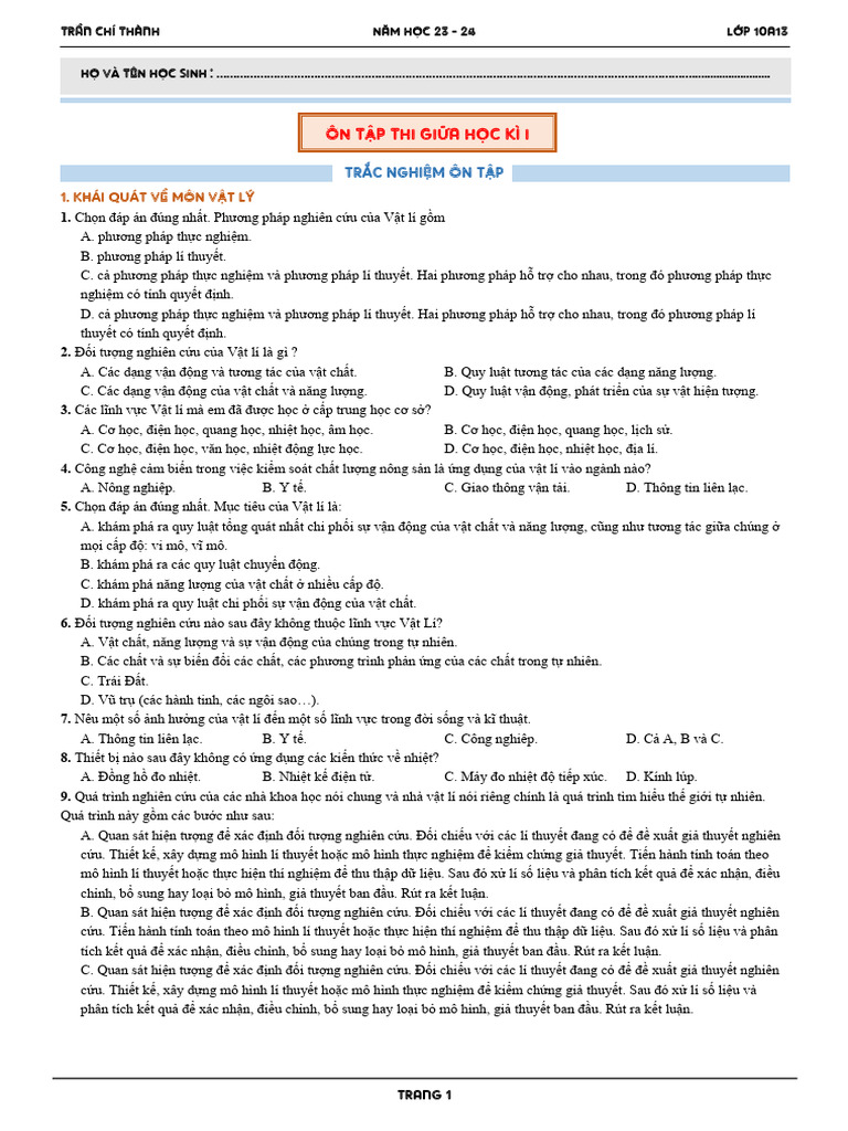 Lý 10a13 Ôn Giữa HK1 | PDF