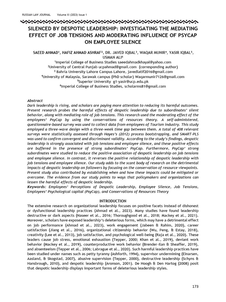 Silenced by Despotic Leadership: Investigating The Mediating Effect of ...