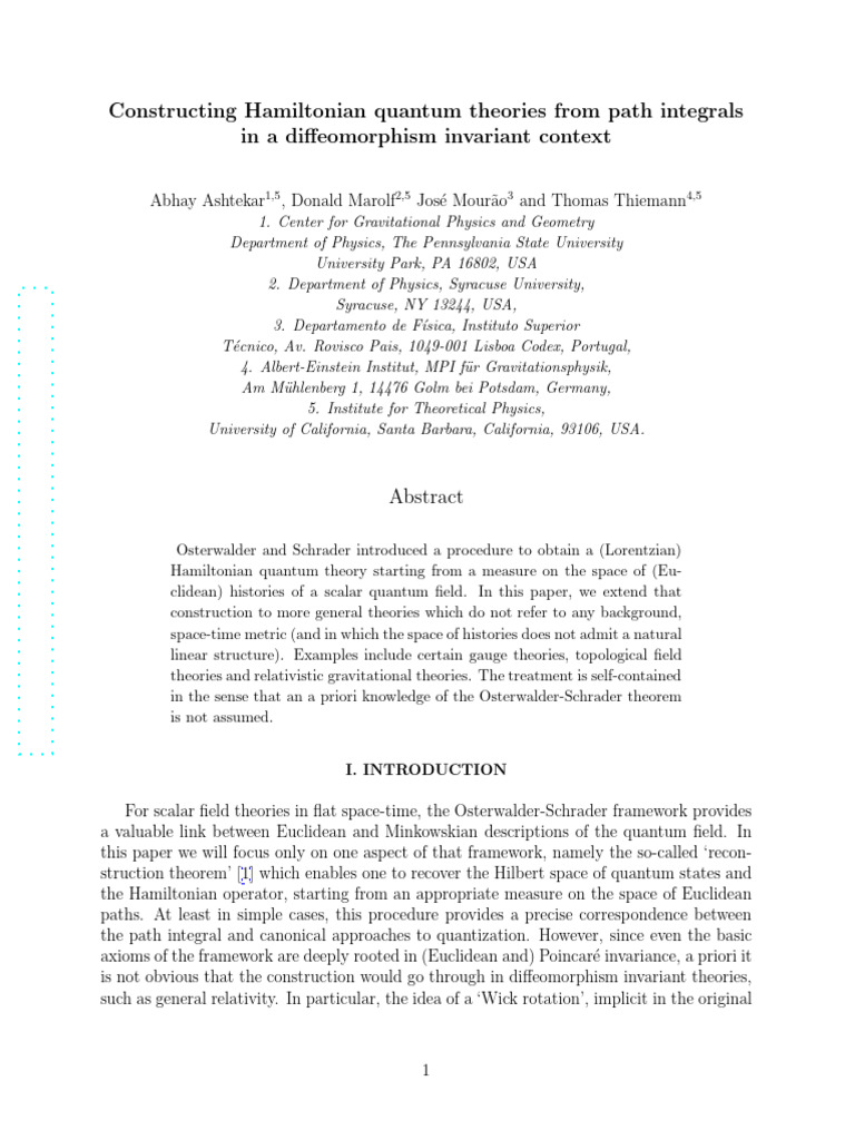 Constructing Hamiltonian Quantum Theories From Path Integrals in A Diffeomorphism Invariant ...