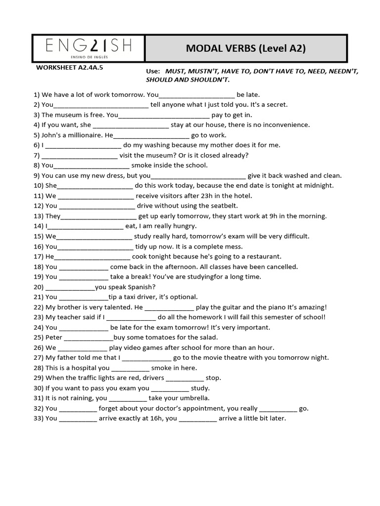 A2 Modal Verbs Worksheet | PDF | Technology & Engineering