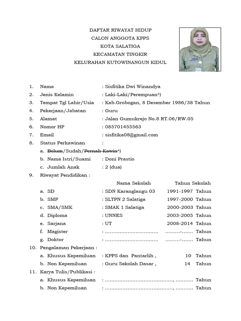 FORM DAFTAR RIWAYAT HIDUP KPPS KUTOWINANGUN KIDUL - Tika | PDF