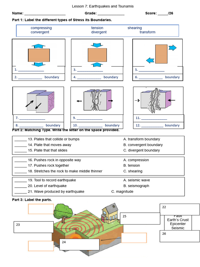 Lesson 7. Earthquake and Tsunamis Worksheet | PDF | Earthquakes ...