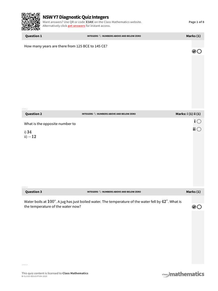 NSW Y7 Diagnostic Quiz Integers | PDF | Mathematics | Arithmetic
