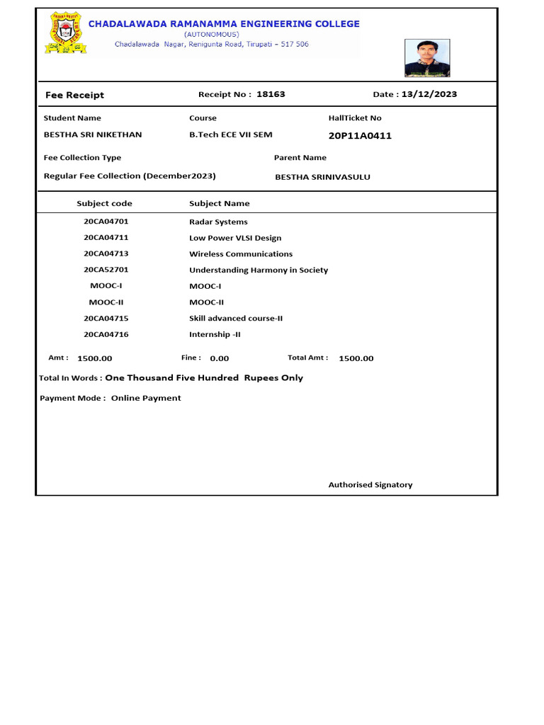 Student Exam Fee Receipt Report | PDF