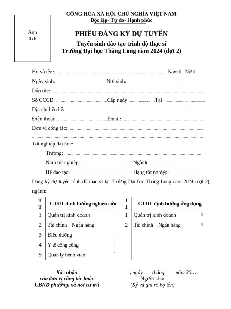 Mau-Phieu Dang Ky Va Bia Ho So Dang Ky Du Tuyen Thac Si 2024 Dot 2 | PDF