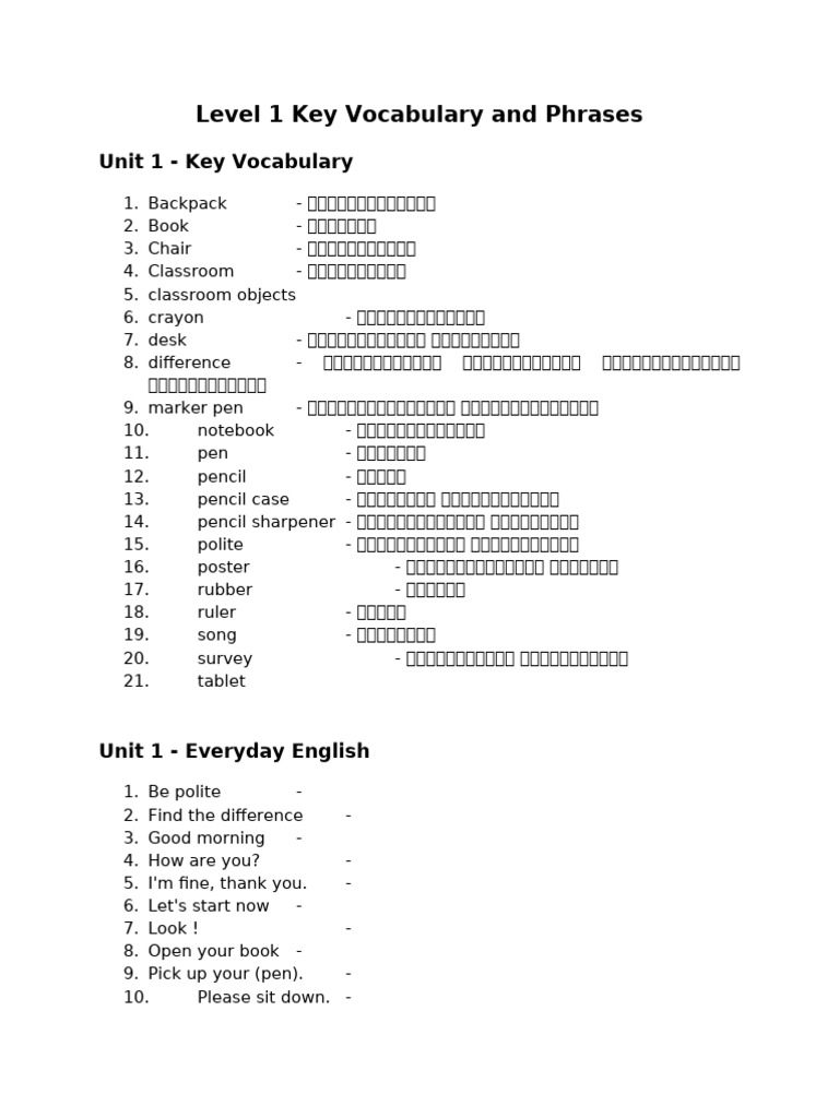 Level 1 Key Vocabulary and Phrases | PDF