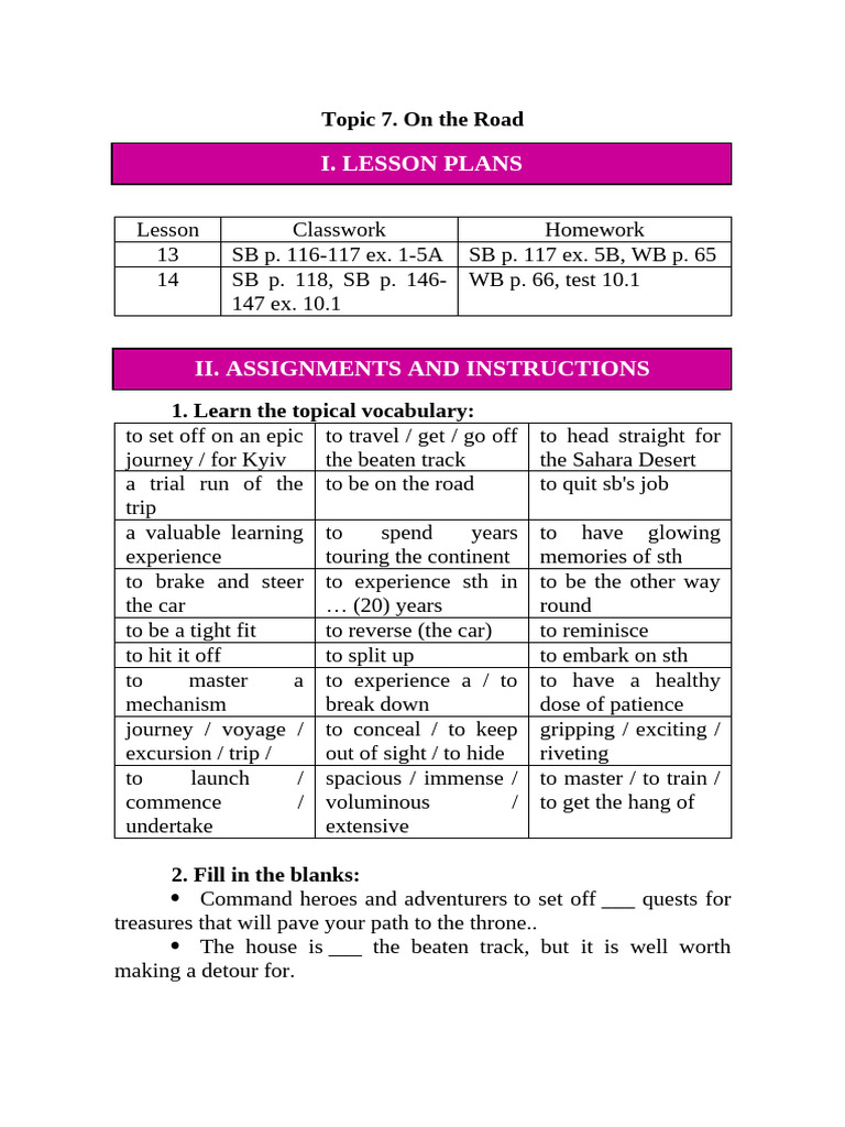 I. Lesson Plans: Topic 7. On The Road | PDF | Grammar | Linguistics