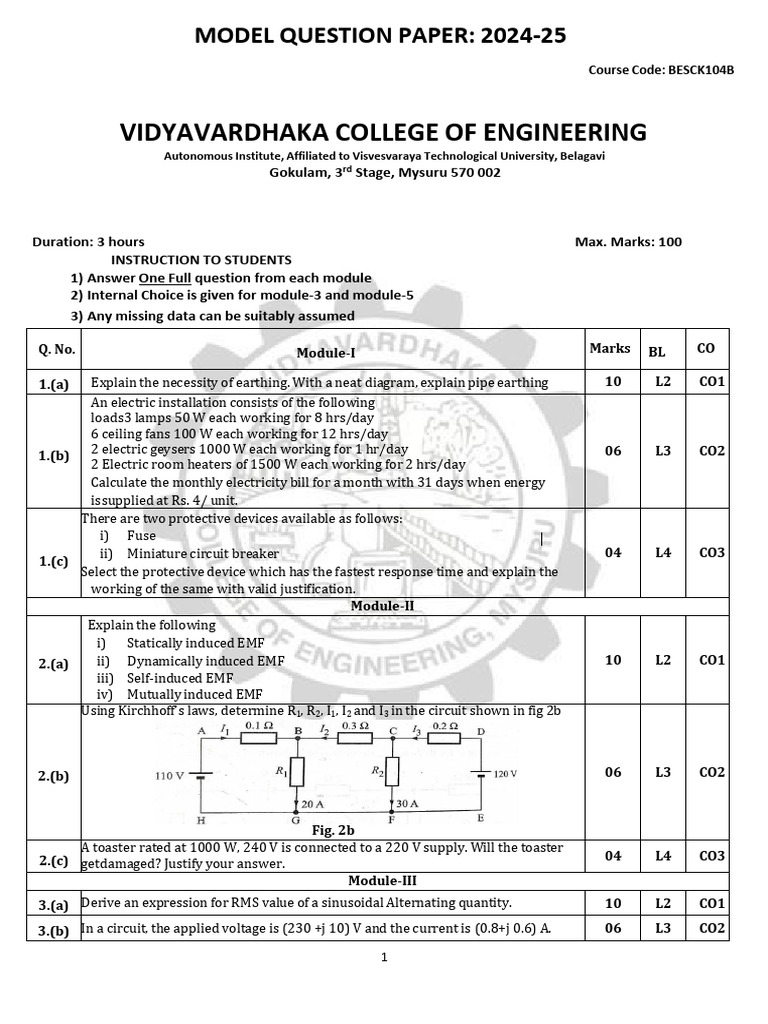 BESCK104B Model Question Paper 2024-25 | PDF | Electrical Impedance ...