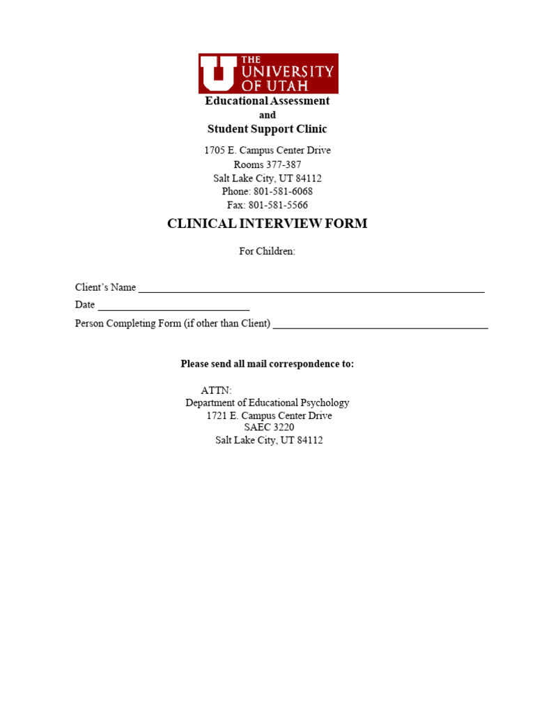 Child Clinical Interview Form | PDF | Psychotherapy | Mental Disorder