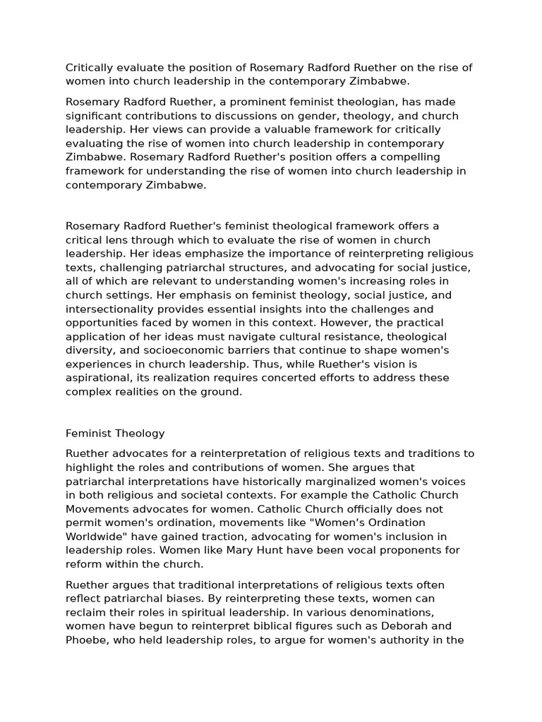 Critically Evaluate The Position of Rosemary Radford Ruether On The ...