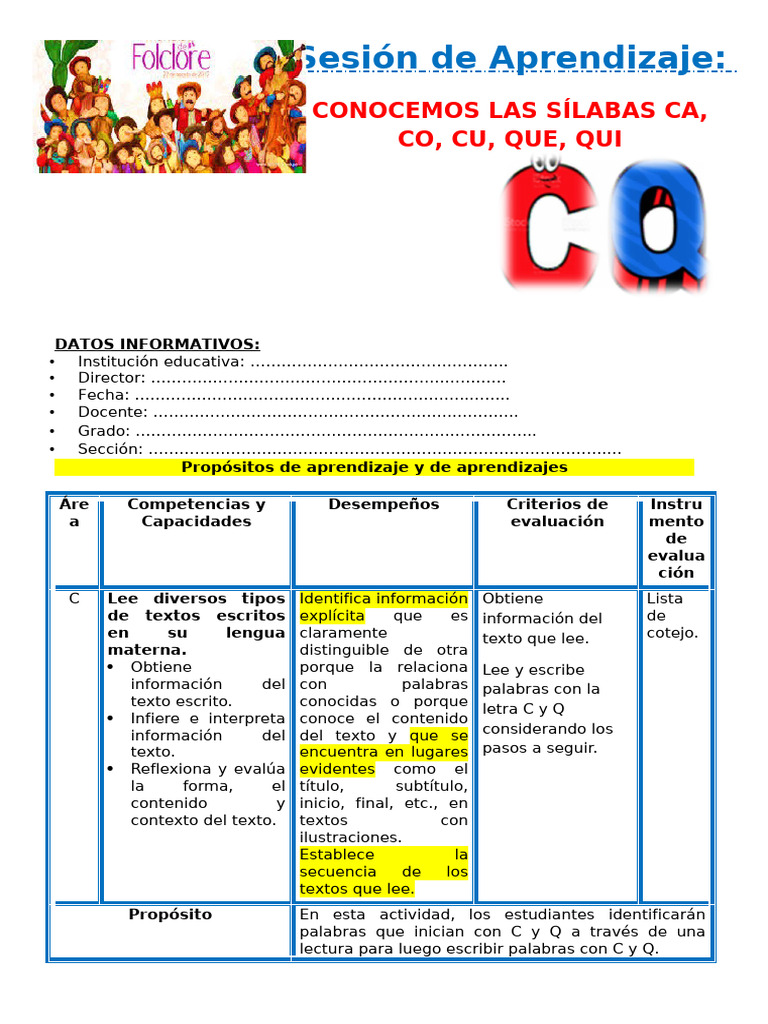 1° Sesión Día 3 Com Conocemos Las Sílabas Ca, Co, Cu, Que, Qui | PDF ...