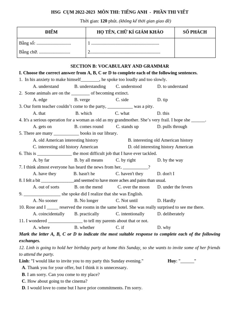 Đề thi HSG Anh 9 cụm 22-23 | PDF