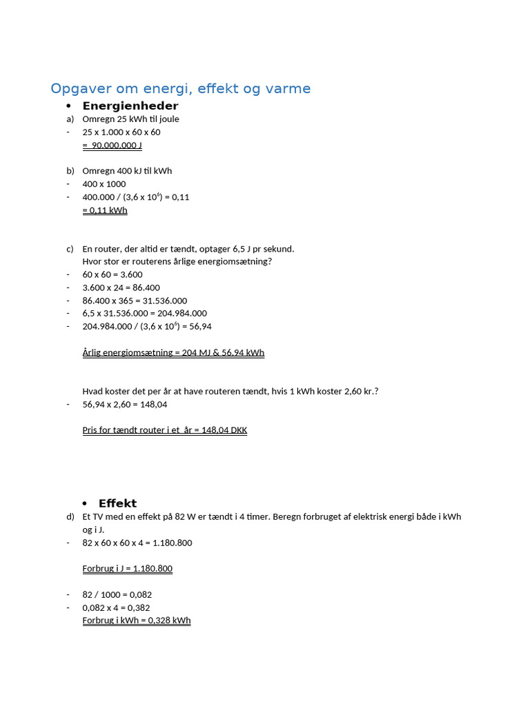 Fysik - Opgaver Om Energi Og Effekt | PDF
