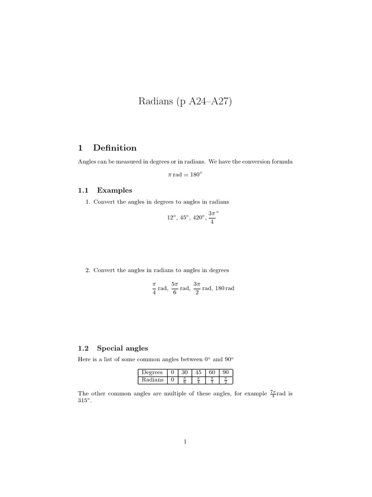Converting Degrees to Radians Guide | PDF