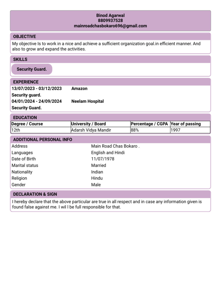Security Guard Resume of Binod Agarwal | PDF