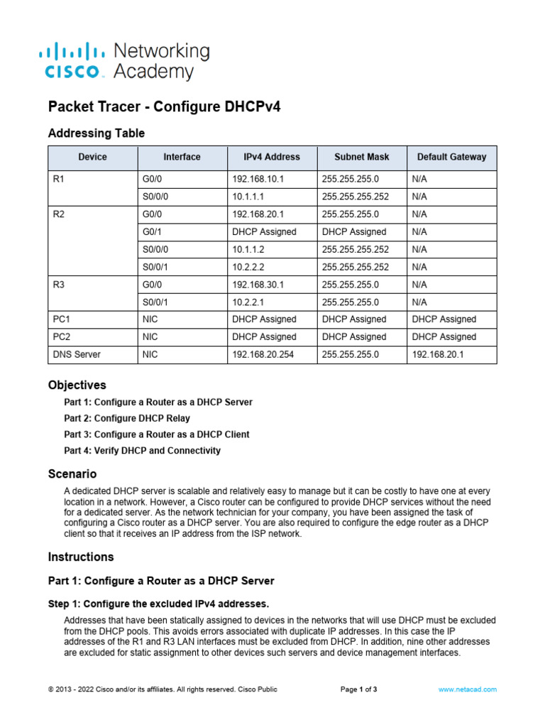 7.2.10 Packet Tracer Configure Dhcpv4 | PDF | Ip Address | Router (Computing)