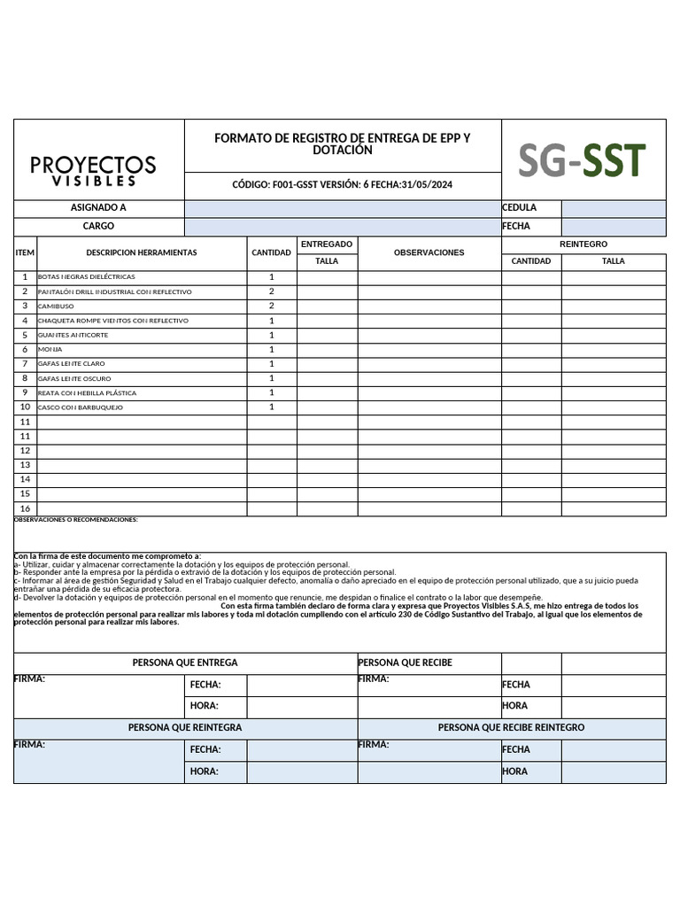 Formato Entrega de Epp y Dotacion | PDF