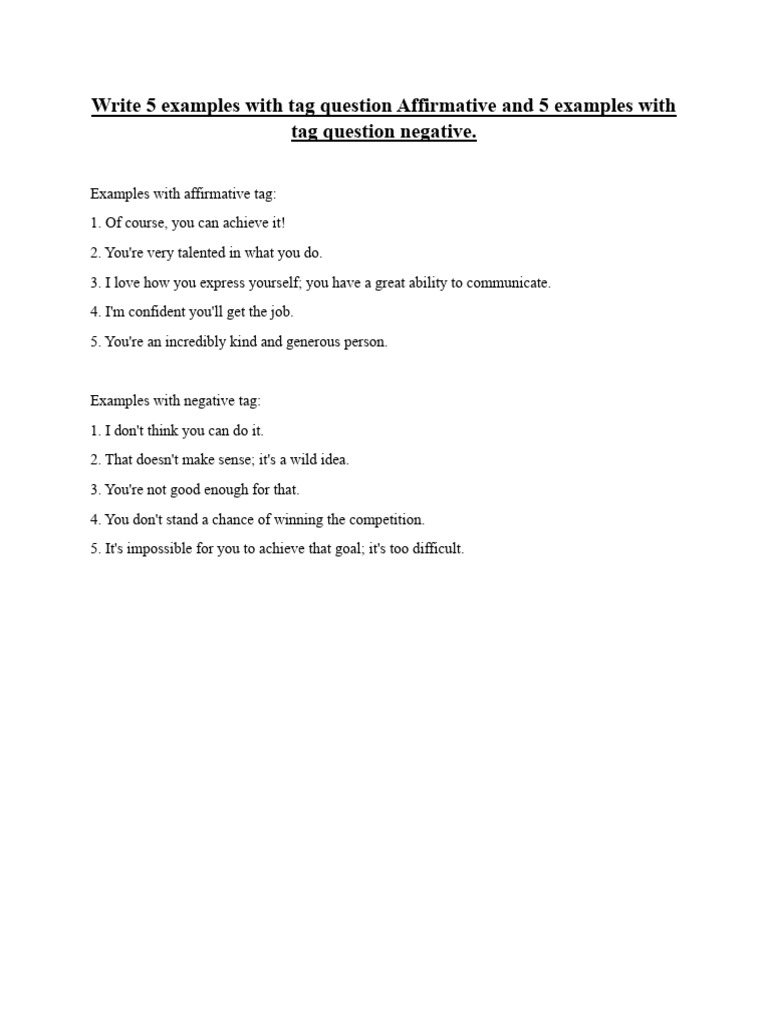 Tag Questions: Affirmative & Negative Examples | PDF