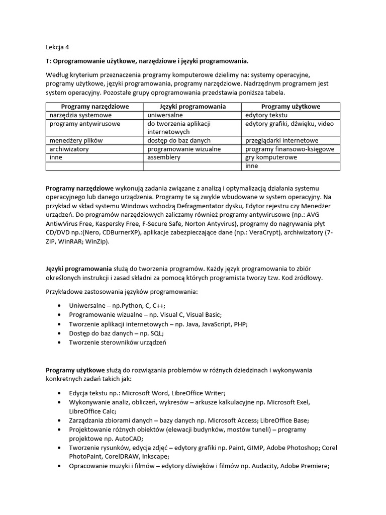 Lekcja 4 Programy I Aplikacje Uå Ytkowe | PDF