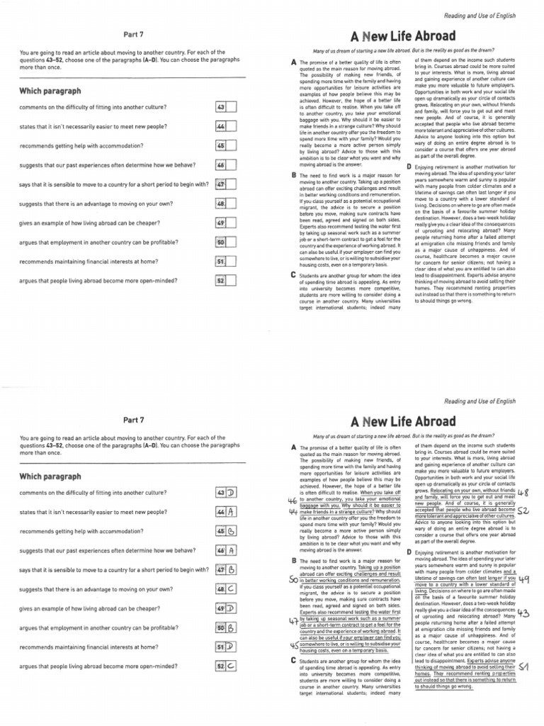 B2 First - Reading Part 7 - A New Life Abroad - From Collins B2 First | PDF
