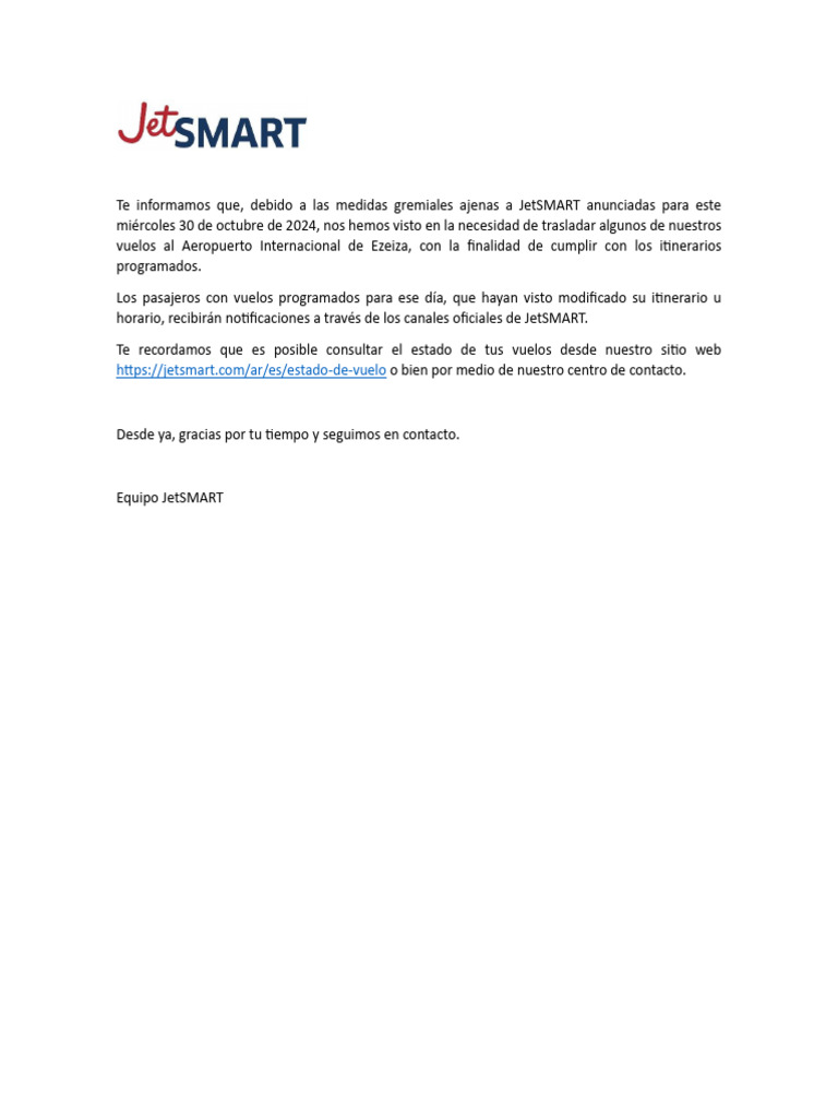 Vuelos JetSMART trasladados a Ezeiza | PDF