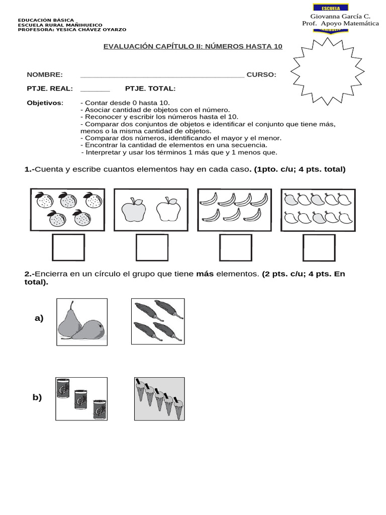 Cuenta y Escribe Cuantos Elementos Hay en Cada Caso: 1.-. (1pto. C/u 4 ...