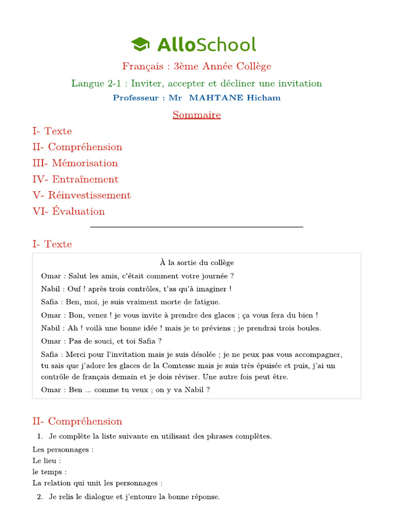 Langue 2 1 Inviter Accepter Et Decliner Une Invitation 1 | PDF