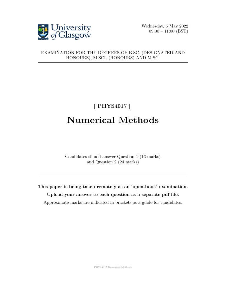PHYS4017 Numerical Methods Exam Guide | PDF | Physics | Physical Quantities