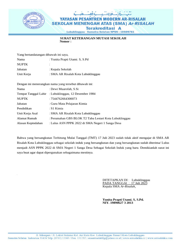 Surat Keterangan Mutasi Sekolah | PDF