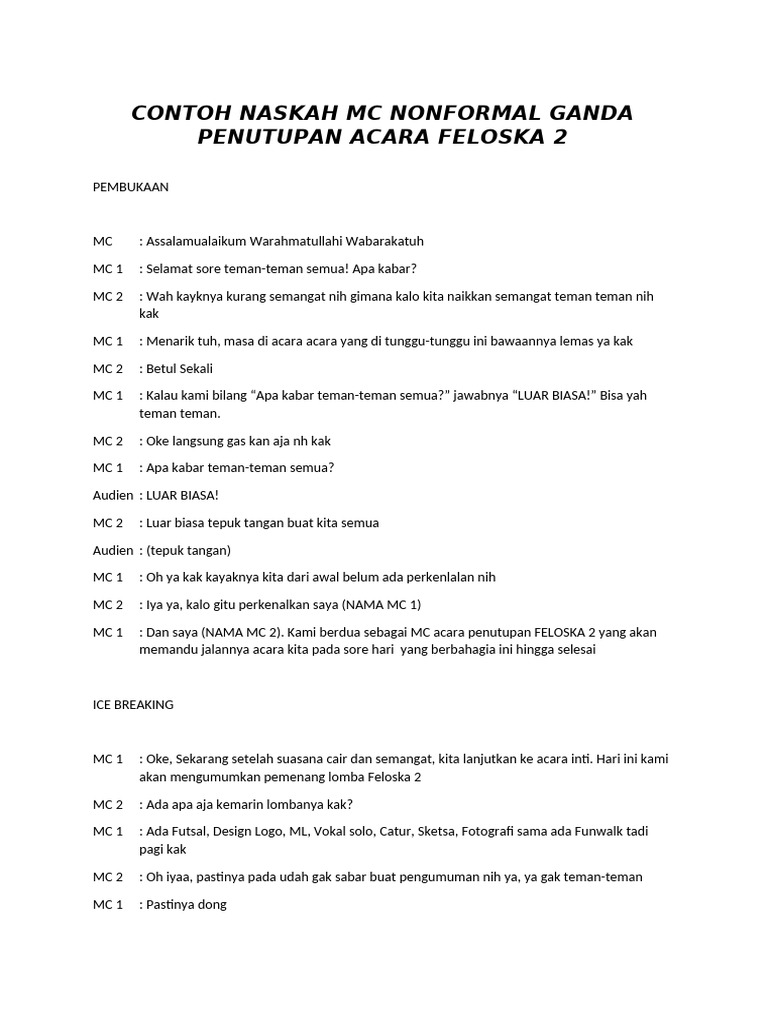 Contoh Naskah MC Nonformal Ganda Penutupan Acara Feloska 2 | PDF