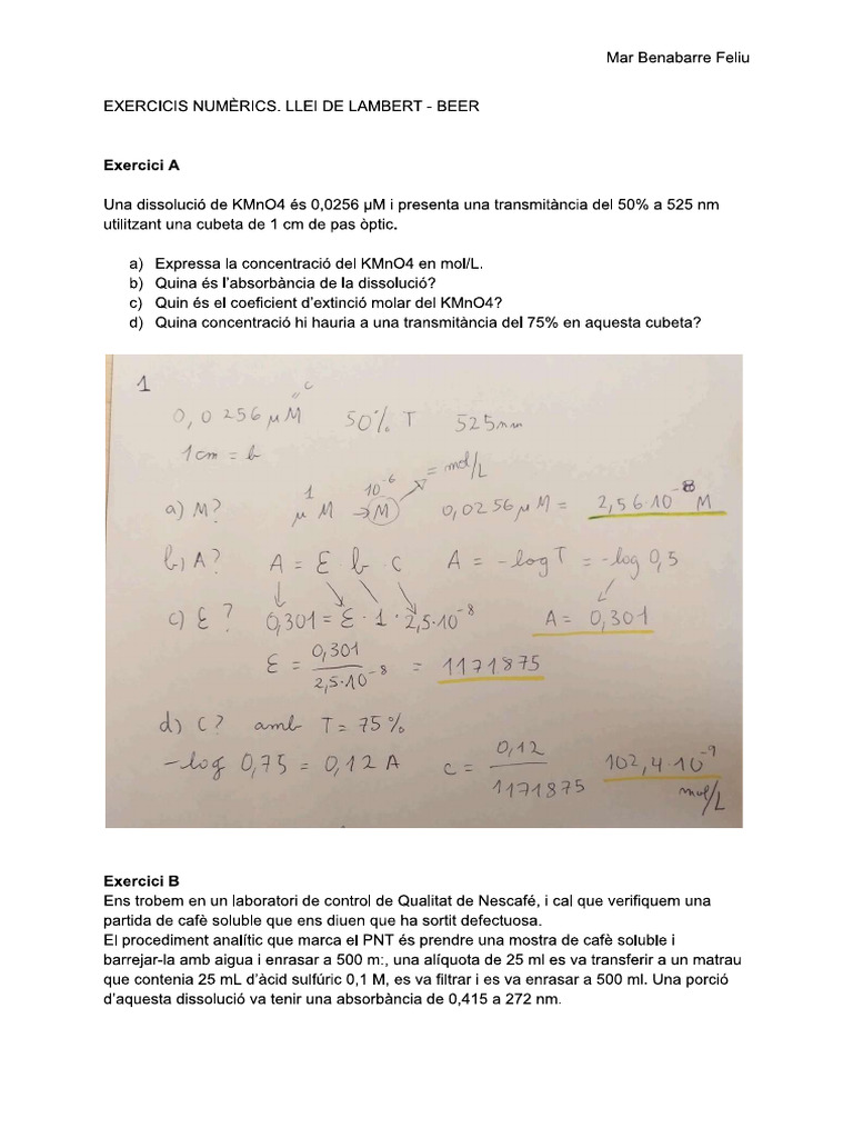 Exercicis Numèrics. Lambert Beer | PDF