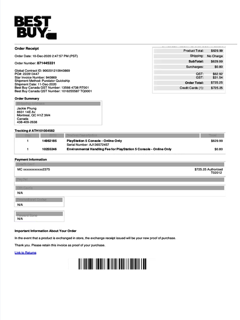 Best Buy Order Receipt - Dec 2020 | PDF | Receipt | Business Documents