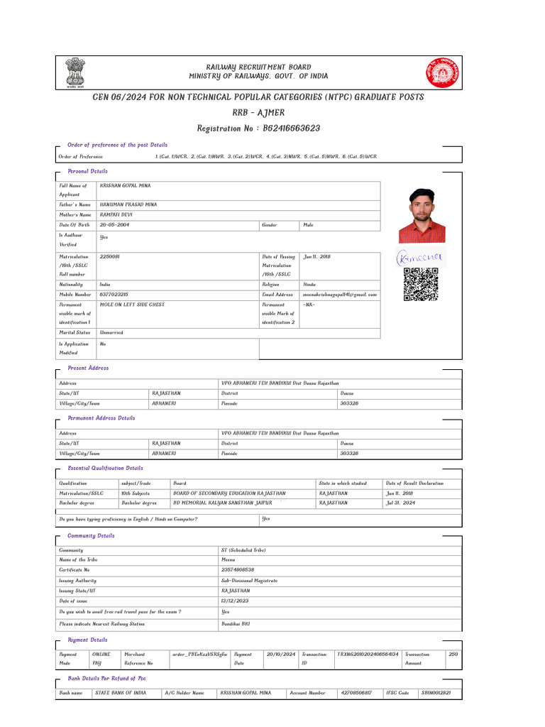 RRB NTPC Application Details for Krishan Gopal | PDF