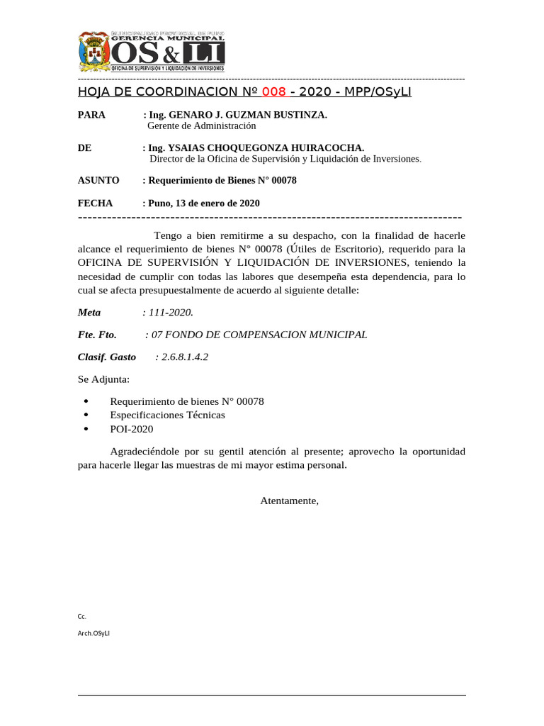 Hoja de Coord. #008-2020 Solicito Requerimiento de Utiles de Escritorios Oficina Supervision y ...