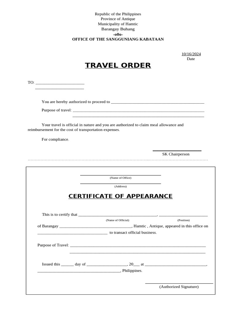 Barangay Travel Order Template | PDF